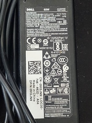 Dell 65W AC Power Adapter Model No. LA65NS2-01 19.5V 100-240V Dell P/N ...