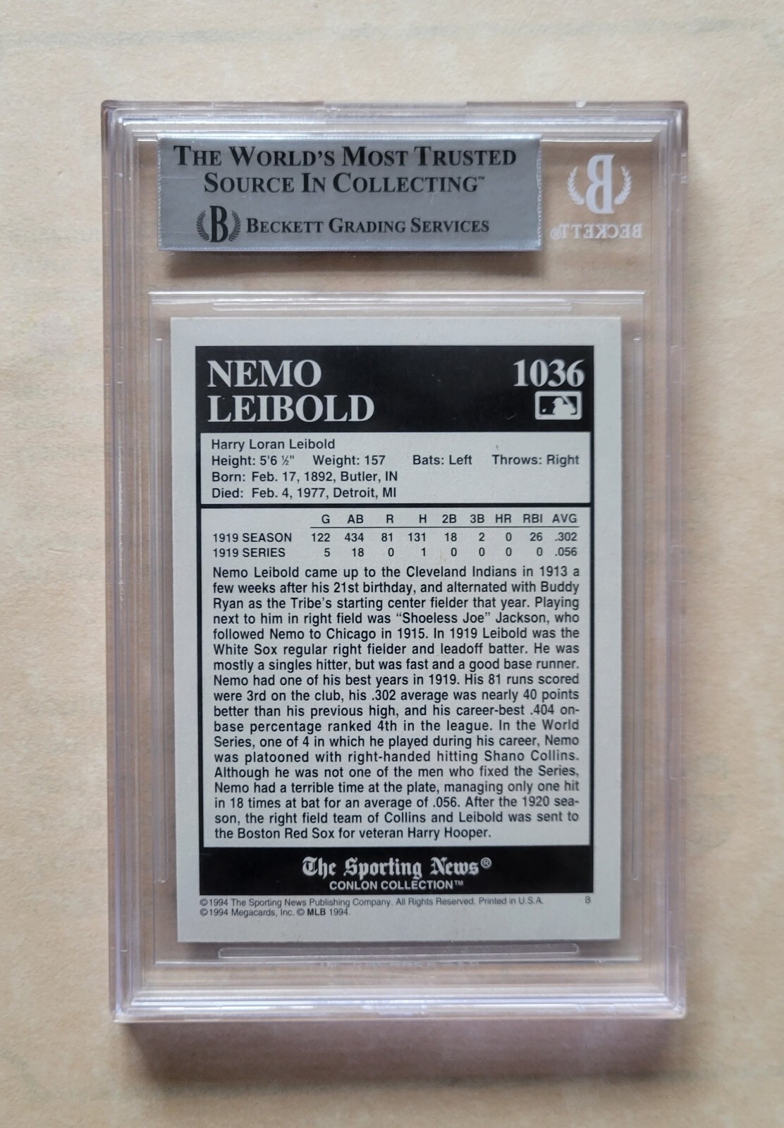 Nemo Leibold signed White Sox 1994 custom cut Conlon baseball card ...