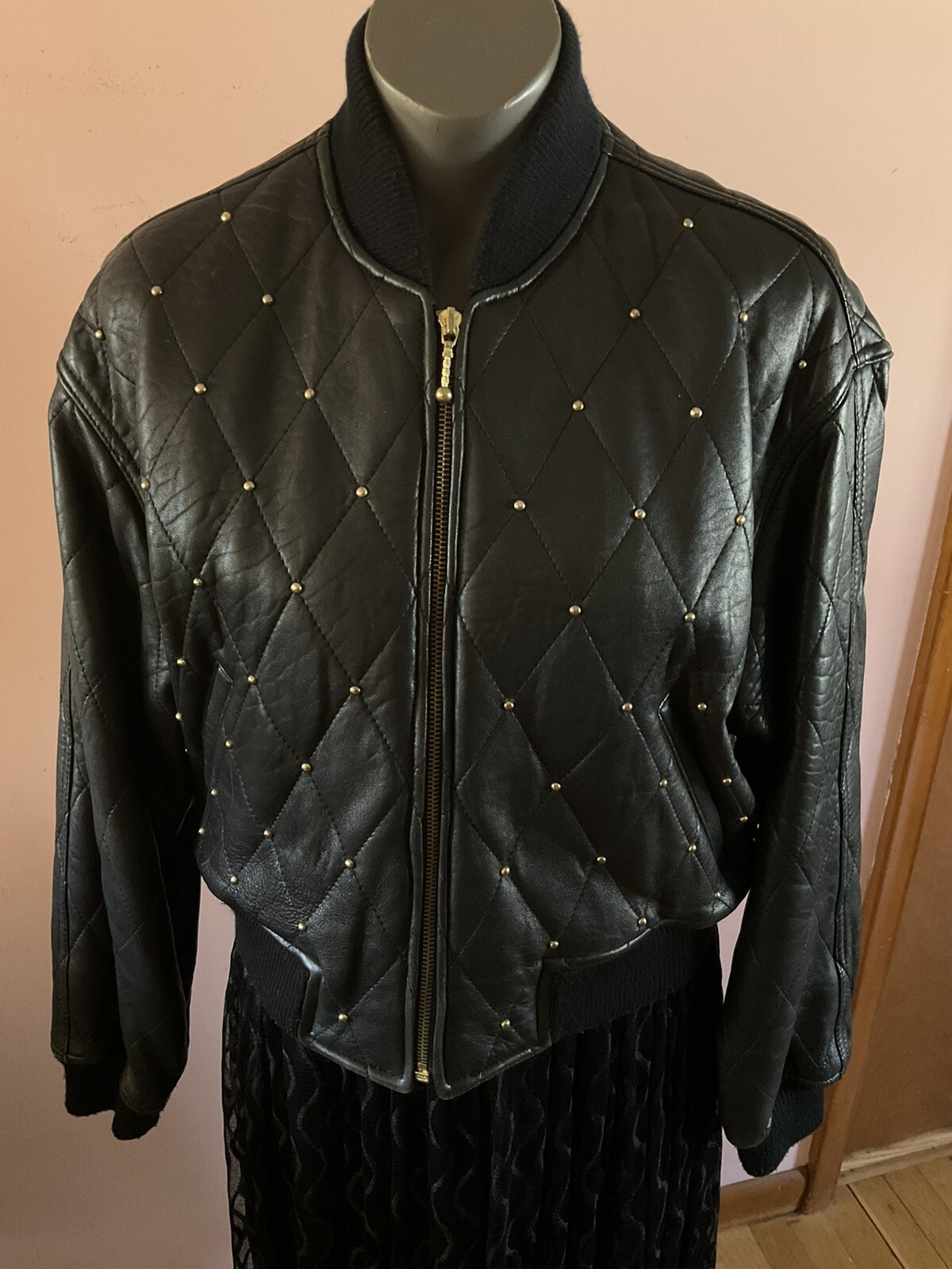 Black Bomber Jacket GIII Quilted Leather Studs Silver Small Medium | eBay