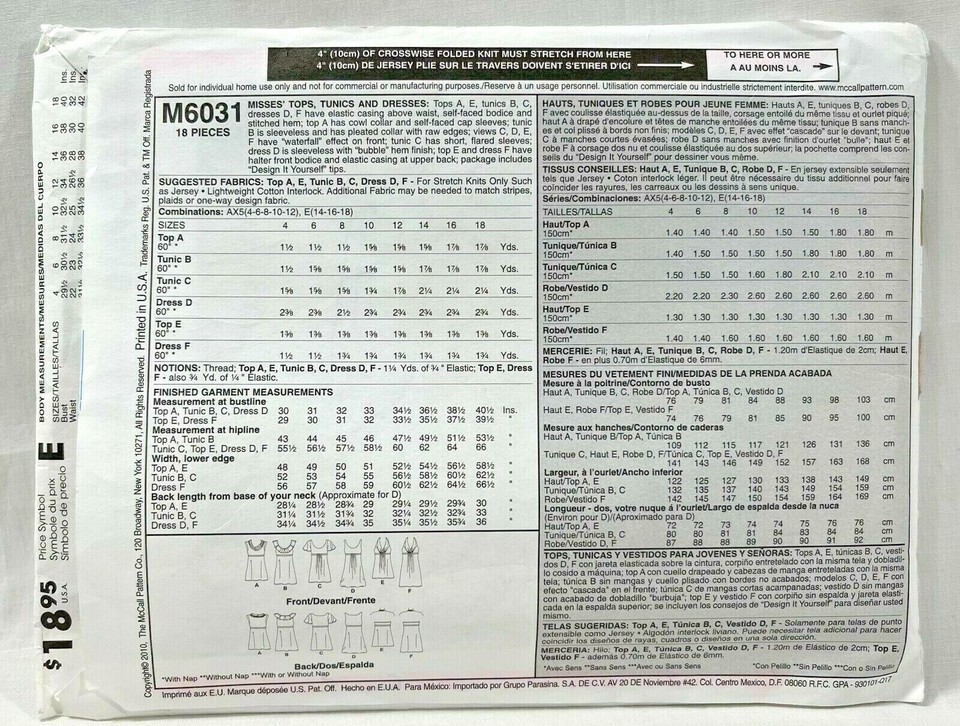 2010 McCalls Sewing Pattern M6031 Womens Tops Tunics Dresses Size 14-18 ...