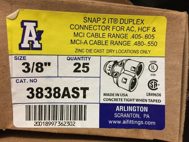 Arlington 3838ast (25 Pack) 3/8" Snap2it Duplex Connector W/insulated ...