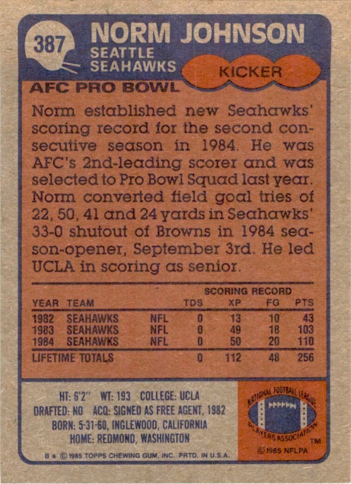 1985 TOPPS NORM JOHNSON SEATTLE SEAHAWKS. #387 | eBay