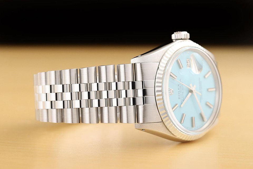 ROLEX MENS DATEJUST 1601 18K GOLD STAINLESS STEEL AQUA BLUE JUBILEE ...