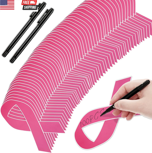 100 Pcs Large Pink Ribbon Cutouts with 2 Pcs Marker Pens Paper Breast ...