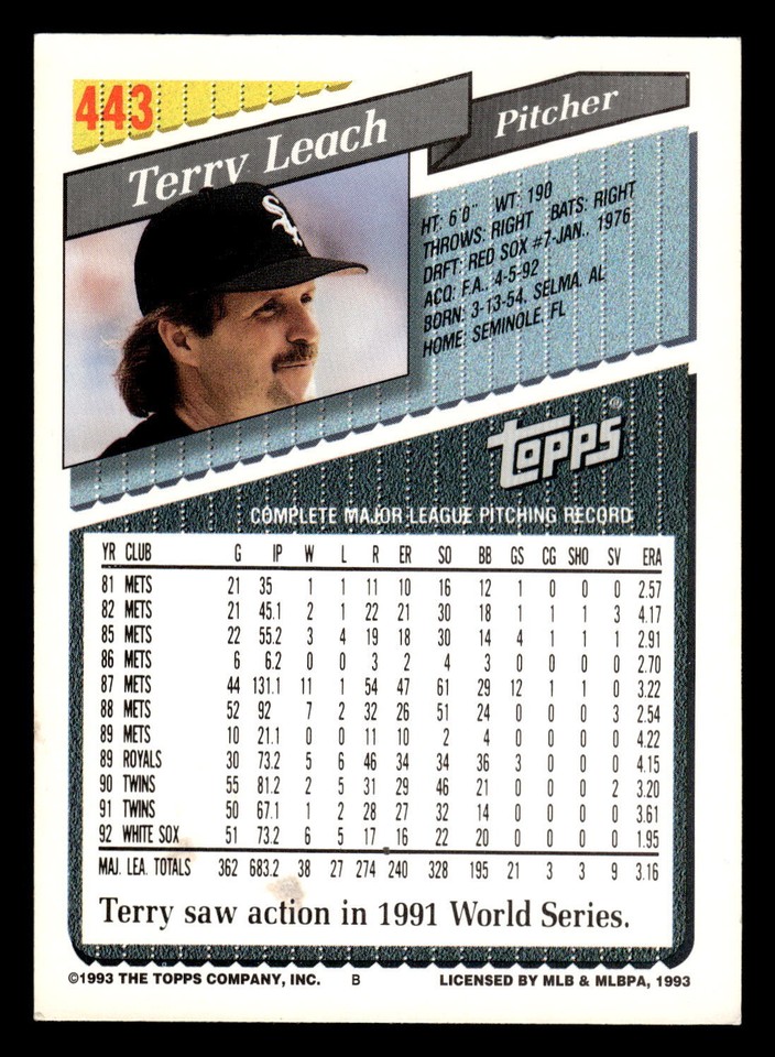 1993 Topps Terry Leach #443 Baseball Chicago White Sox | eBay