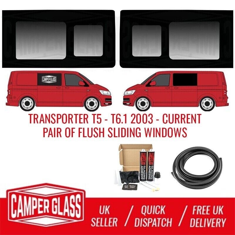 VW Transporter T5-T6.1 Pair of FLUSH Sliding Privacy Windows 2003-Cur ...