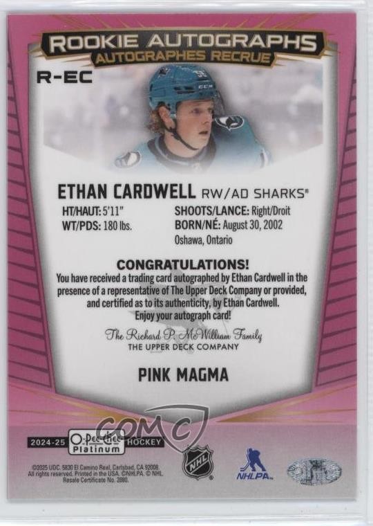 2024-25 O-Pee-Chee Platinum Rookie Auto Pink Magma Ethan Cardwell #R-EC ...