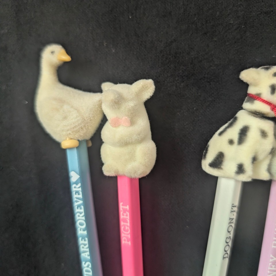 Vintage 80's Novelty Pencils w Topper Flocked Goose Pig Dog Rabbit Cat ...