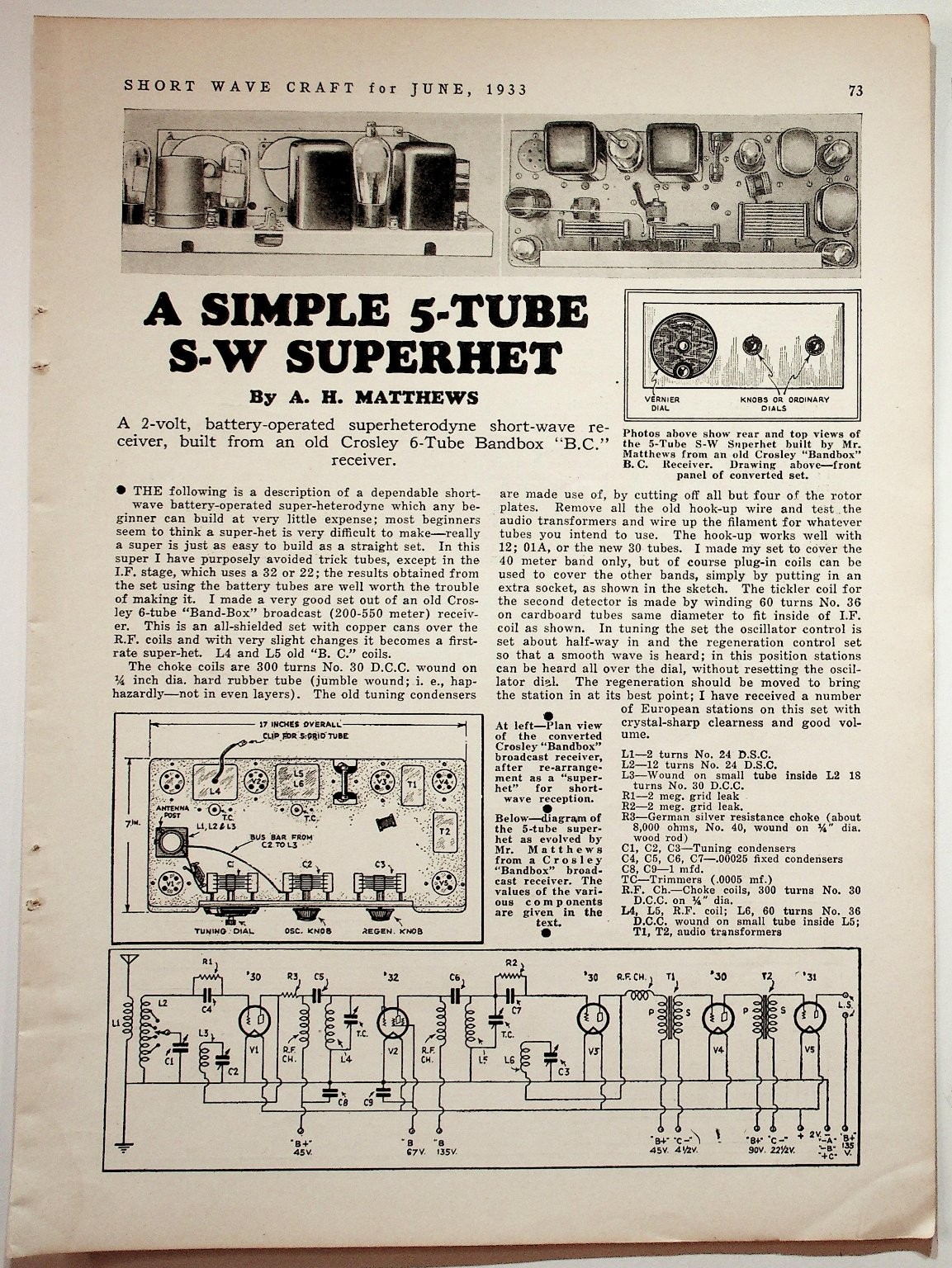 1933 Short Wave Craft Magazine Article 5-Tube Superhet Radio Circuit ...