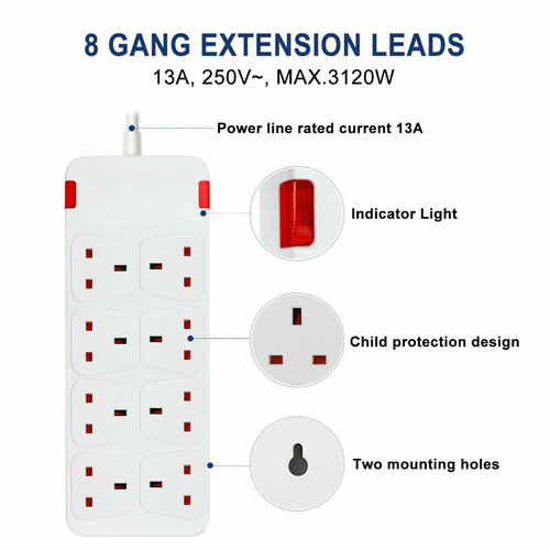 Extension Lead 2 4 6 8 Gang Way Plug Sockets 1/2/3/5M Cable Electric ...