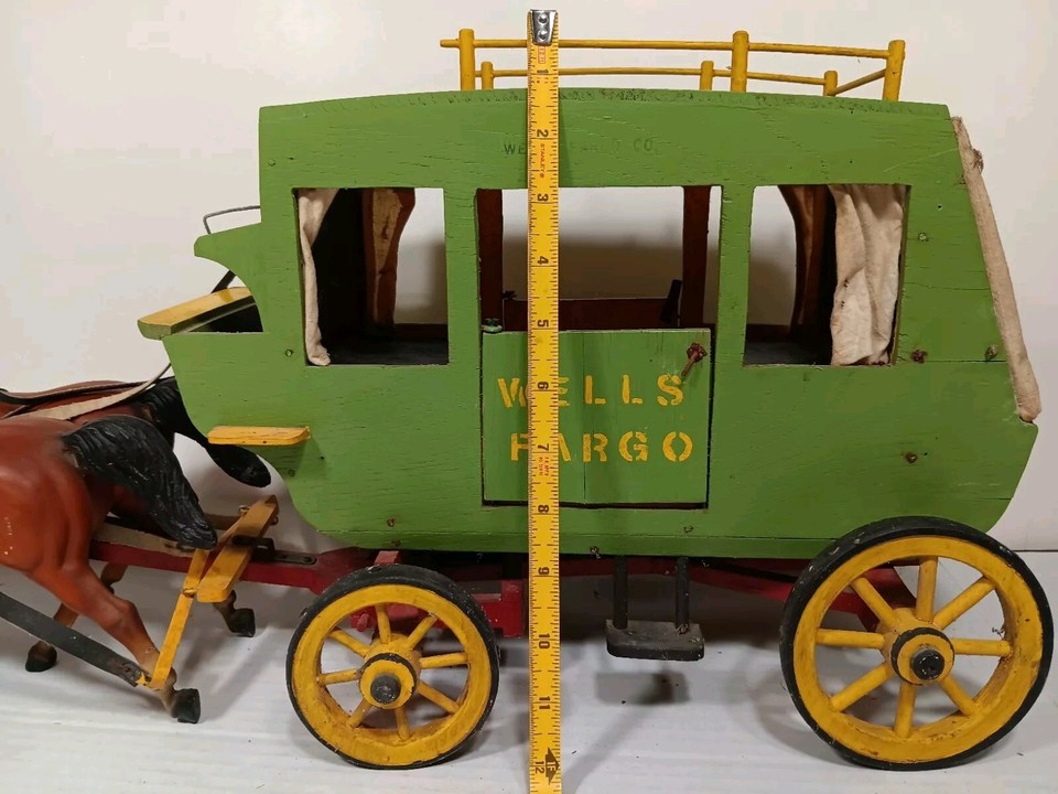 LARGE VINTAGE HOMEMADE WELLS FARGO WOODEN STAGECOACH W HORSES 14×12×9 ...