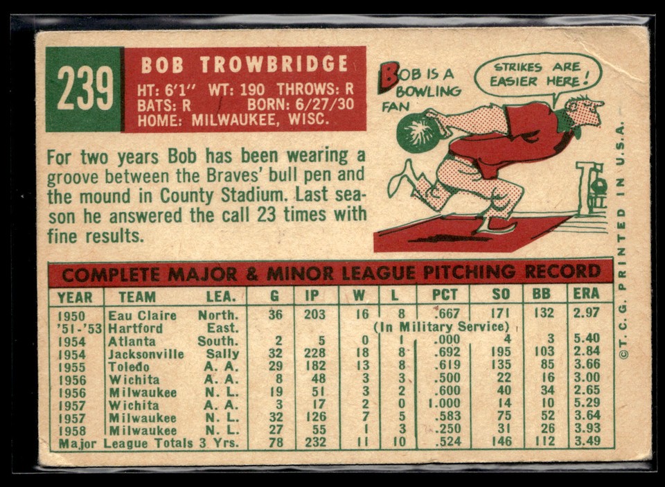 1959 Topps Bob Trowbridge #239a Milwaukee Braves | eBay