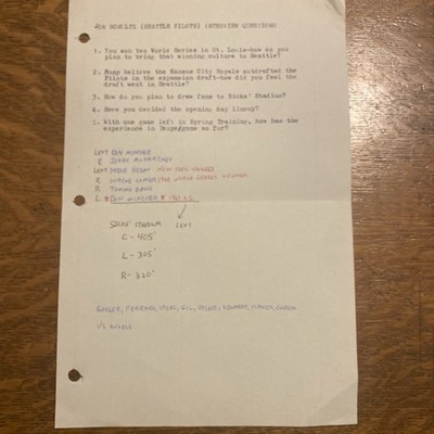 1969 Seattle Pilots Spring Training Interview Notes Warner Fusselle Joe ...