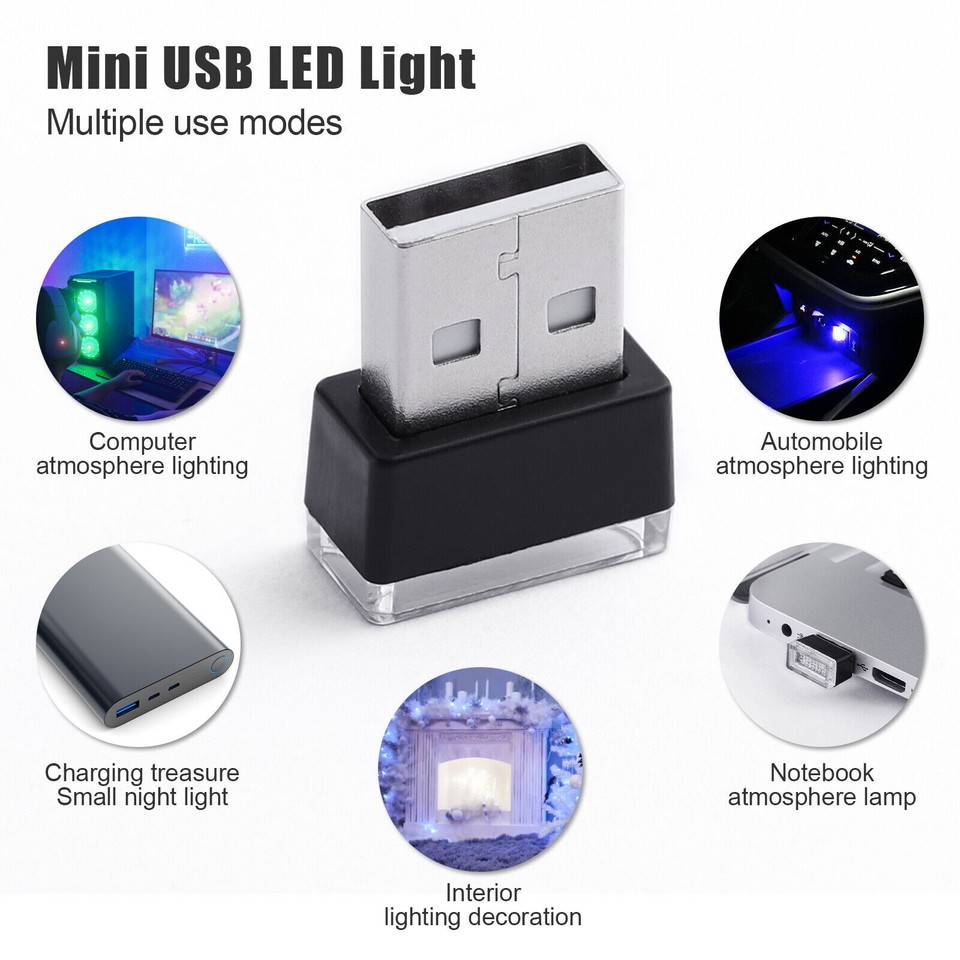 2PCS Mini Blue LED USB Car Interior Light Neon Atmosphere Ambient Lamp ...
