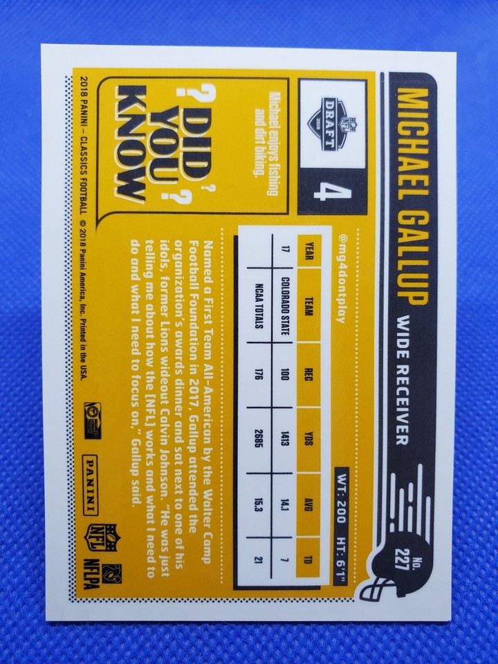 2018 Classics MICHAEL GALLUP Rookie Chrome card #227 DALLAS COWBOYS ...