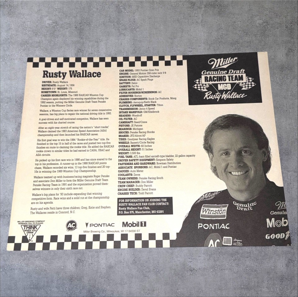 Rusty Wallace MILLER GENUINE DRAFT #2 PONTIAC GRAND PRIX HOFer signed ...