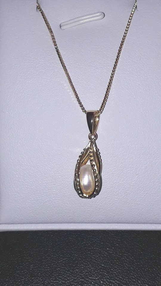 925 STERLING SILVER 14K YELLOW GOLD PLATED LAB CREATED PEARL PENDANT ...