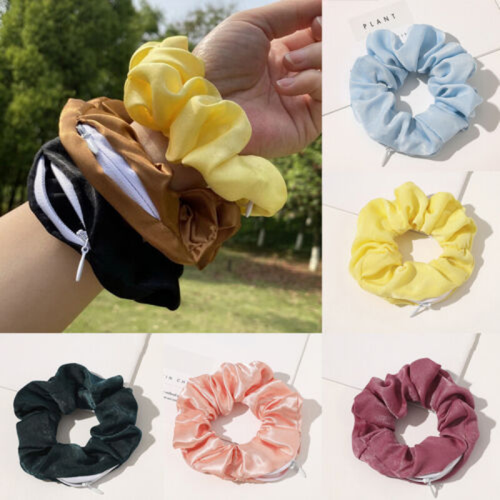 Women Soft Pocket Scrunchies with Zipper Elastic Hair Bands Key Coin ...