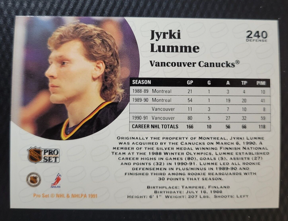 1991-92 Pro Set JYRKI LUMME Vancouver Canucks Hockey NHL Card #240 | eBay