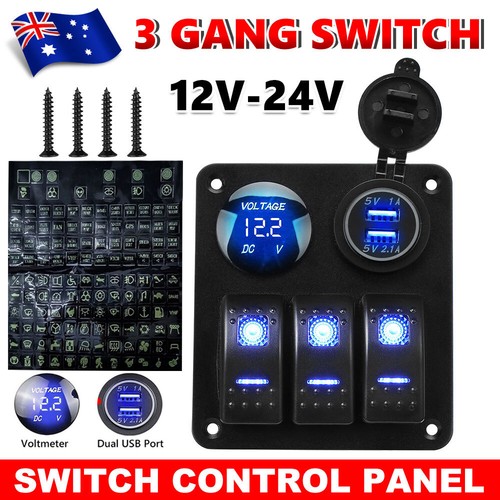 3 Gang 12V Switch Panel LED Rocker for Car Boat Marine RV Dual USB ON ...