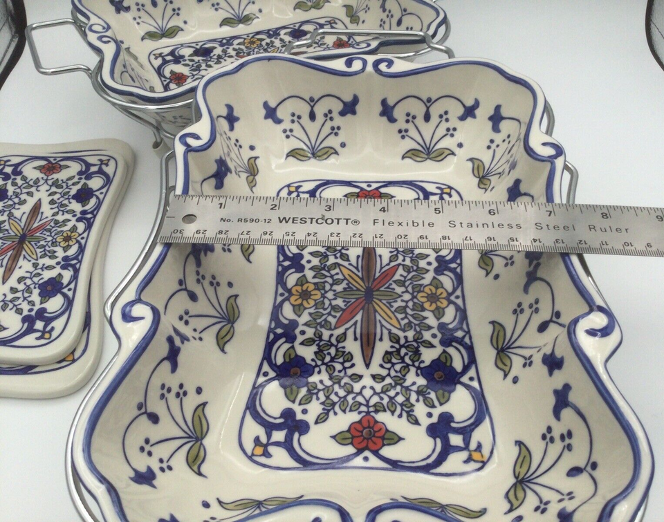 BRYLANE Home Kitchen Two Piece Rectangle Dishes Metal Racks Blue Floral ...