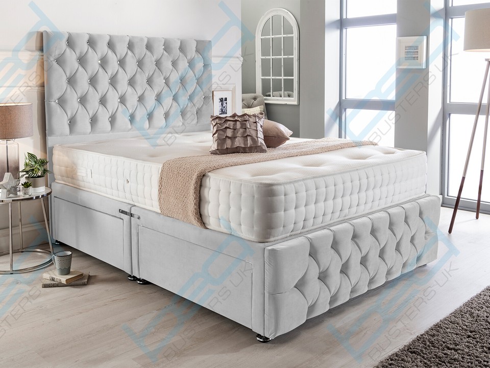 PLUSH VELVET CHESTERFIELD DIVAN BED SET + MEMORY MATTRESS 4FT6 Double ...