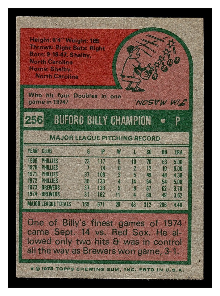 1975 TOPPS MINI BASEBALL BILLY CHAMPION #256 MILWAUKEE BREWERS HIGHER ...