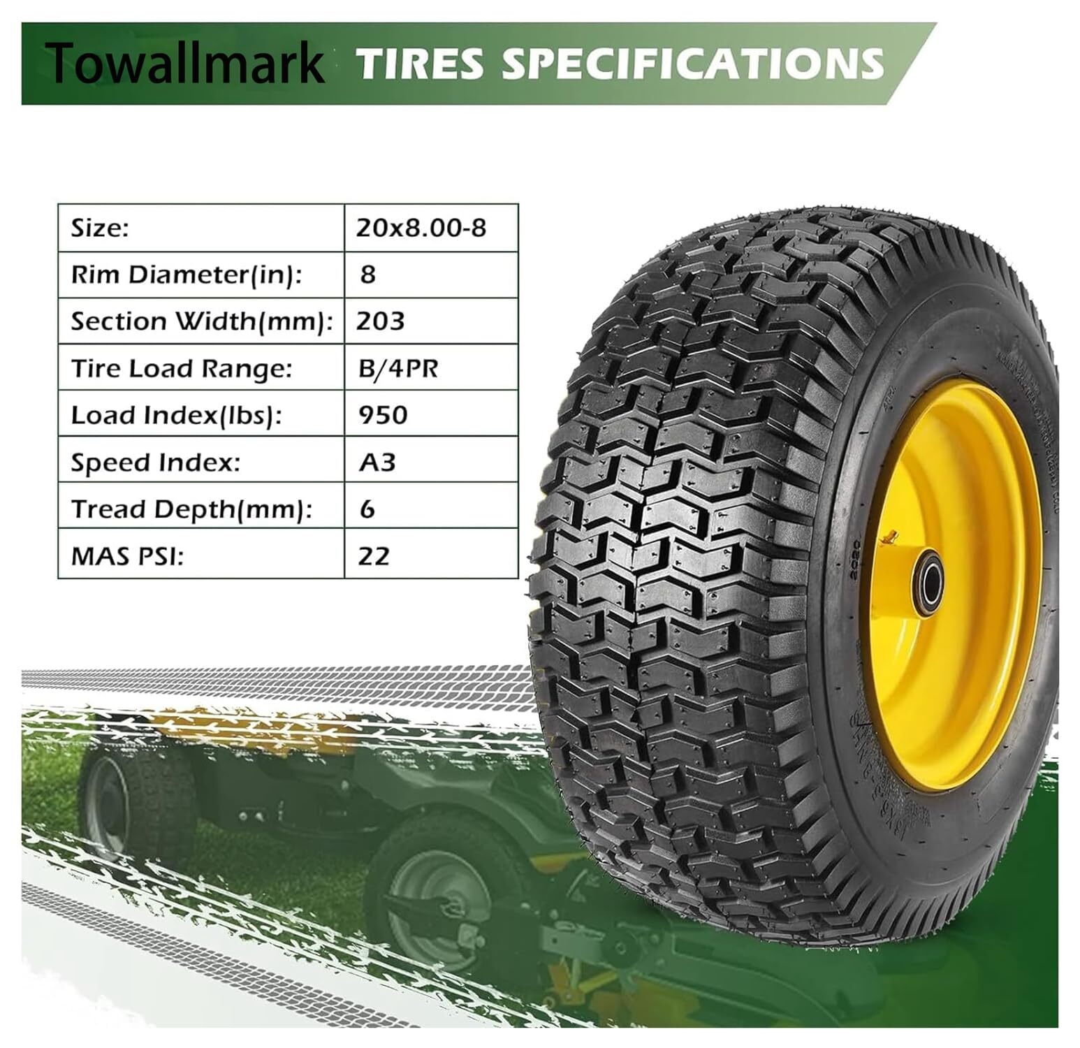 💯20x8-8 Lawn Mower Tire Set of 2 20x8x8 4PR Tire and Wheel 3.5" Hub ...