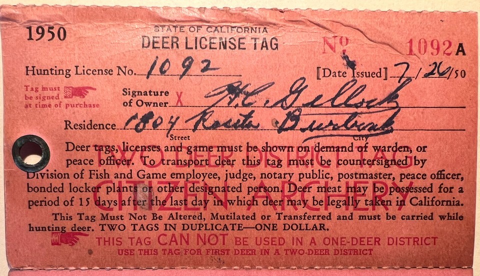 TWO 1950 CALIFORNIA DIVISION OF FISH & GAME DEER LICENSE ARCHERY TAGS ...