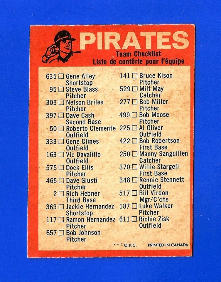 1973 OPC O-Pee-Chee BLUE TEAM CHECKLIST PITTSBURGH PIRATES UNMARKED ...