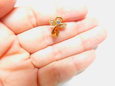 Signed T & T Clear Golden Topaz Rhinestone Gold Tone Angel Lapel Pin ...