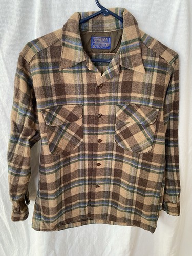 Vintage Pendleton M Wool Shirt Loop Collar Flap Pocket Brown Blue Green USA made | eBay