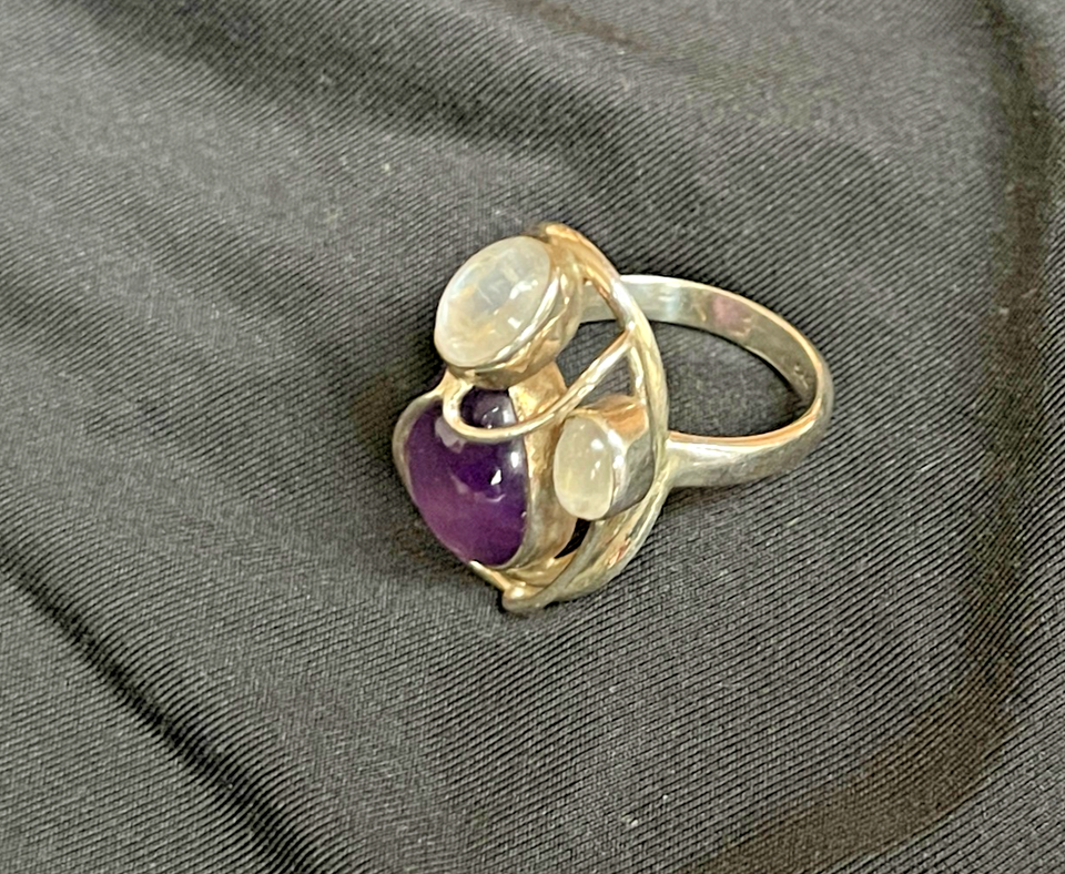 💜 Amethyst & Rainbow Moonstone Sterling Silver Ring – Size U (2 cm ...
