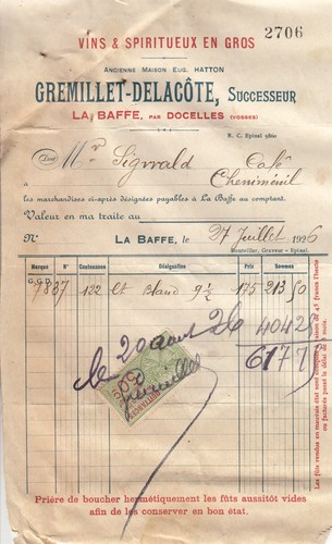Facture ancienne Gremillet-Delacôte à La Baffe 1926 old french invoice ...