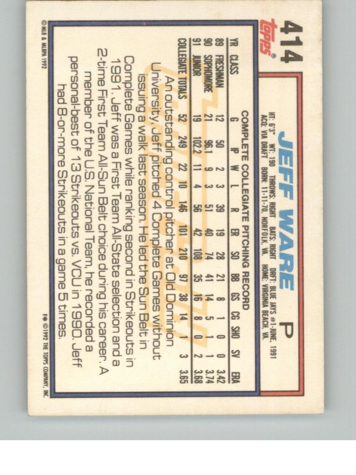 1992 Topps Jeff Ware 414 DPK Toronto Blue Jays Gold | eBay