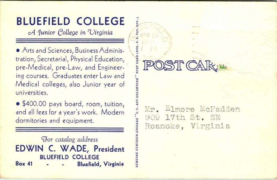 Postcard Bluefield College Bluefield West Virginia | eBay