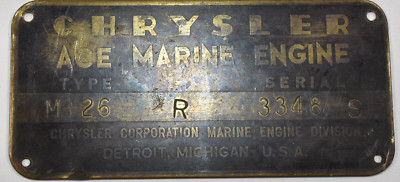 Vintage Chrysler Ace Marine Outboard Boat M-26 Engine Name Plate Tag ...