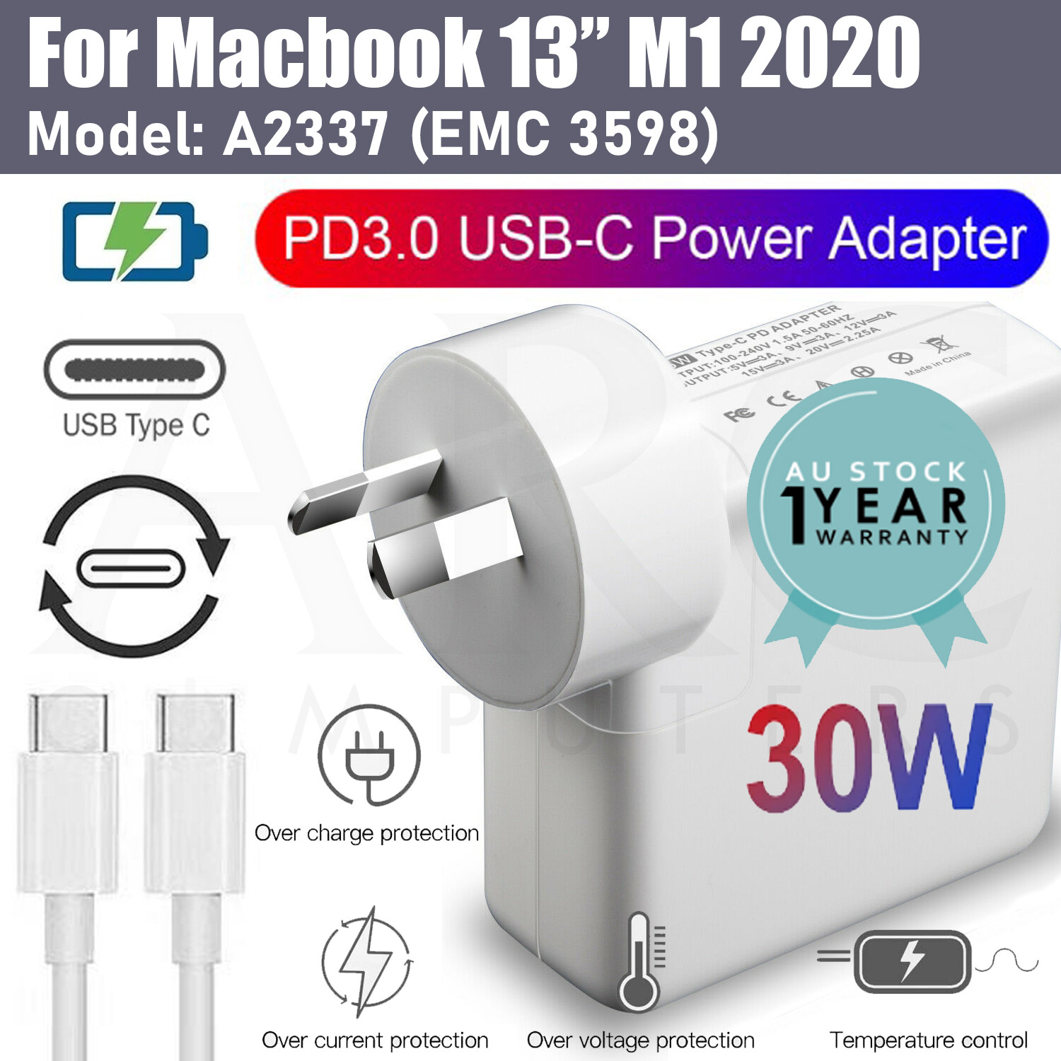 30W USB-C Type-C Wall Laptop Charger Adapter Apple Macbook Air 13 M1 ...