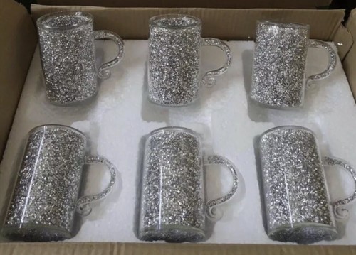 Crush Diamond Crystal Filled Mugs Set Of 6 Silver Kitchen Ware Tea ...