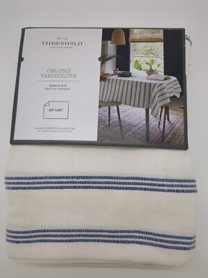 84" x 60" Cotton Striped Tablecloth Blue - Threshold | eBay