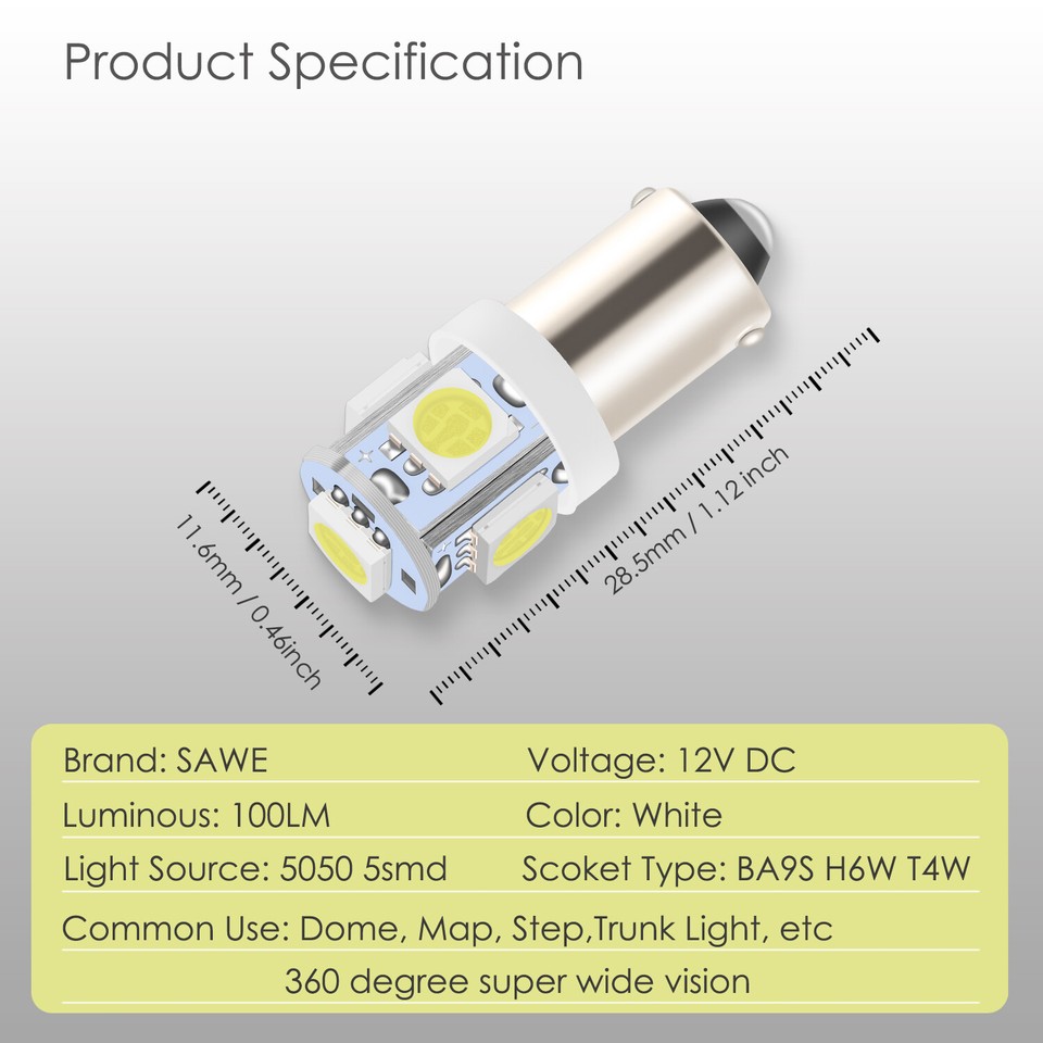 4 x SAWE White T11 BA9S T4W H6W 1895 57 5-SMD LED Light Bulb Lamp for ...