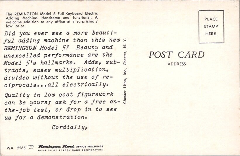 1950s REMINGTON RAND Office Machines Advertising Postcard Model 5 ...