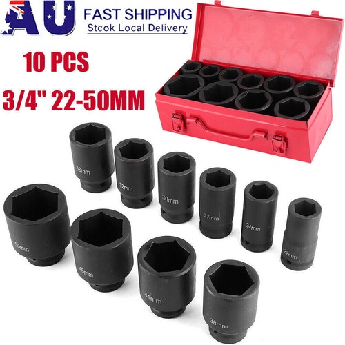 AU 10PCS DRIVE DEEP IMPACT Socket Set 22-50mm HGV Long Reach Impact ...