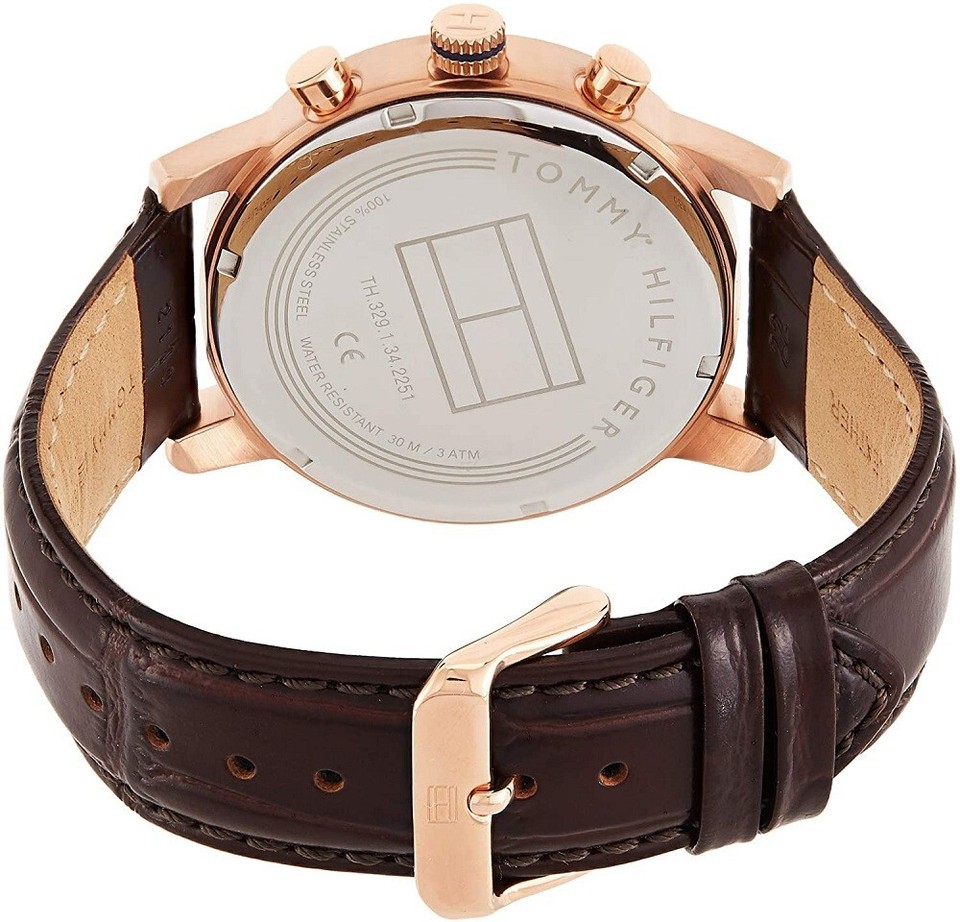 NEW GENUINE TOMMY HILFIGER 1791399 KANE BLUE DIAL LEATHER BROWN STRAP ...