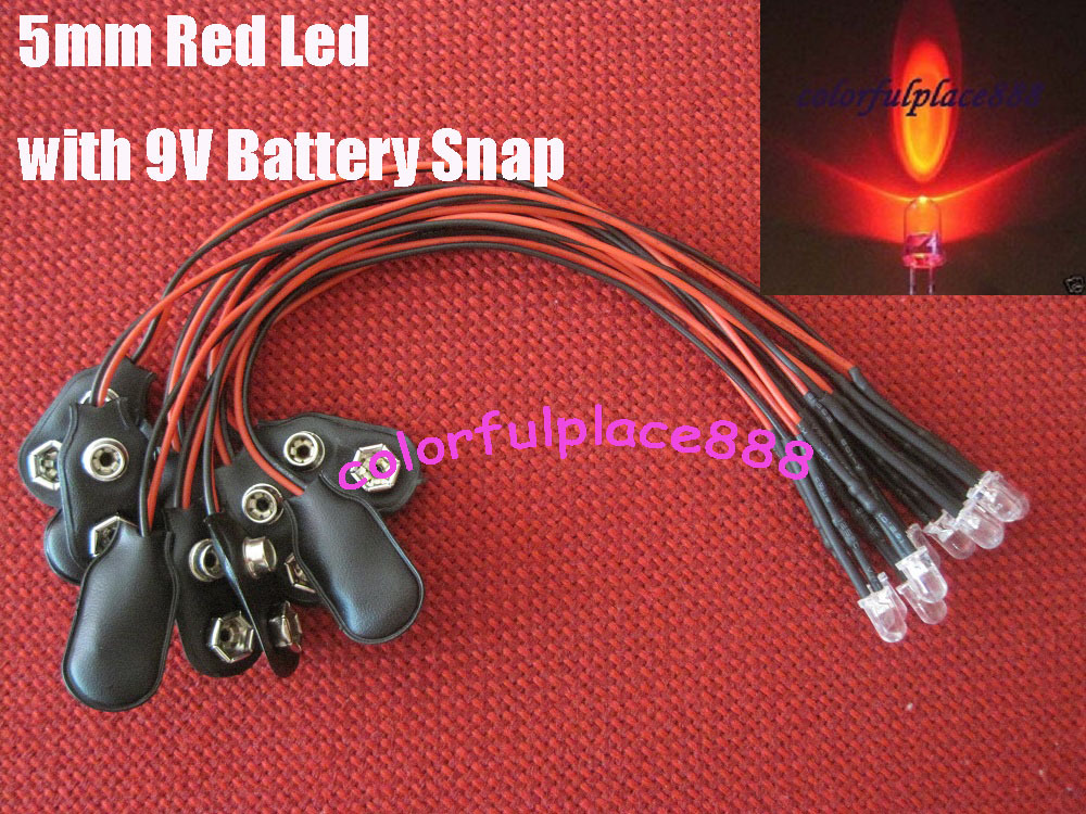 10pcs, 5mm Red Round 9V DC Pre-Wired Water Clear LED Leds with 9V ...