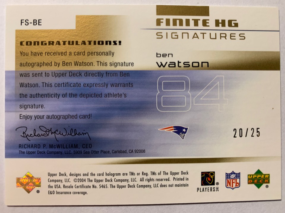 2004 Upper Deck Finite HG Signatures Auto Radiance Ben Watson Auto 20/ ...