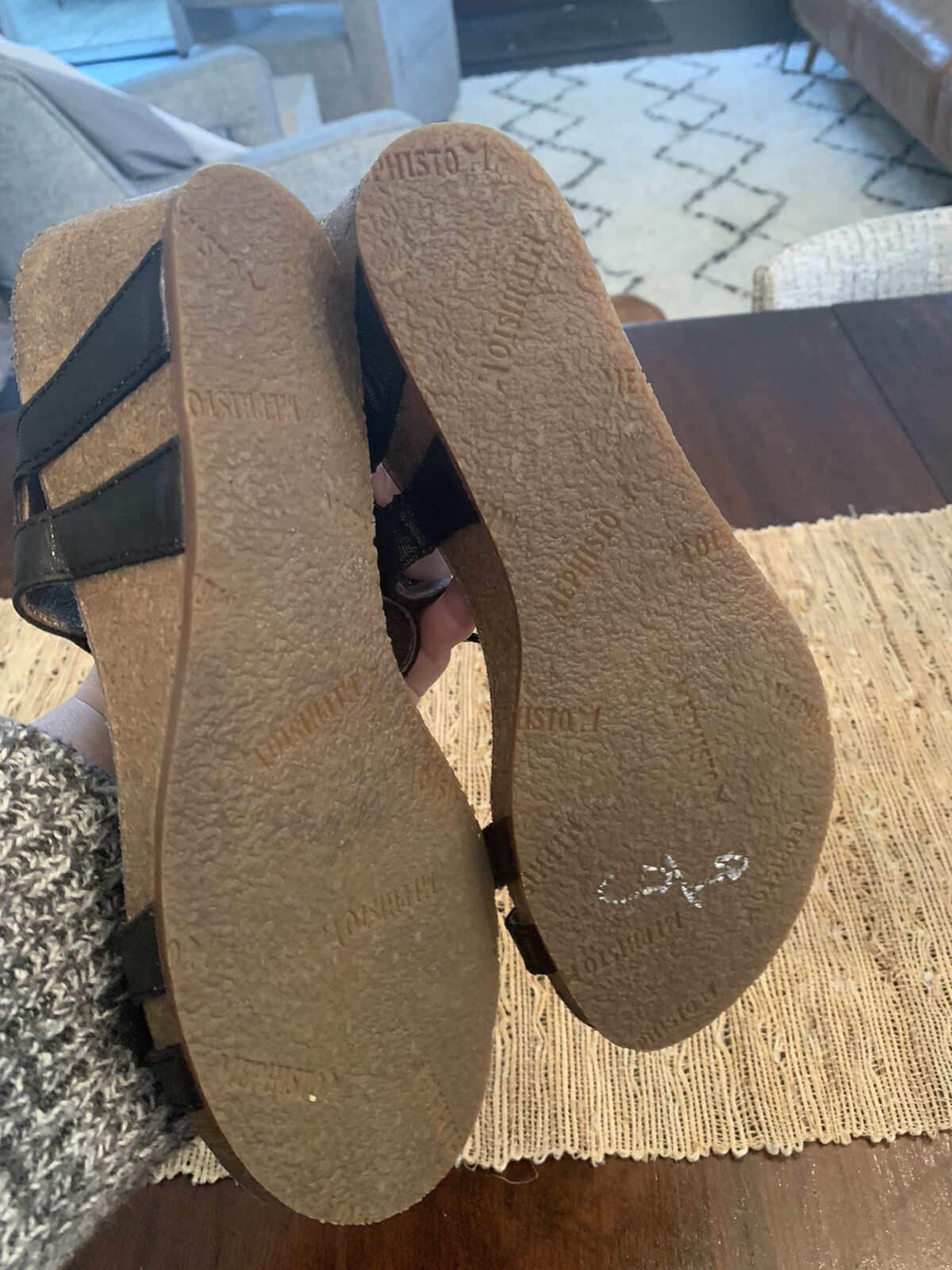 Mephisto black rhinestone Wedge scrappy Sandals leath… - Gem