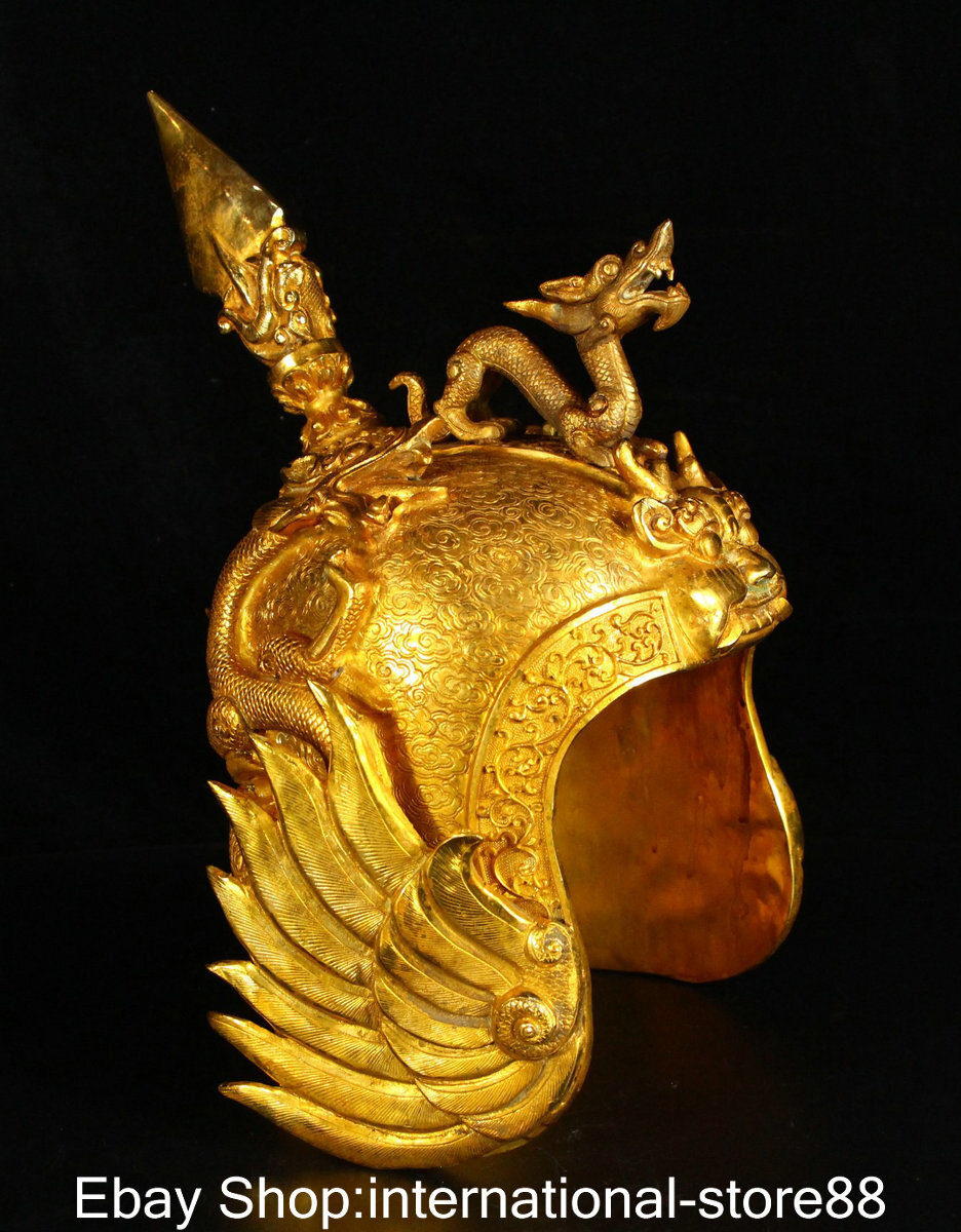 14" Old China Copper Gold Filigree Dynasty Dragon Beast Emperor Casque ...