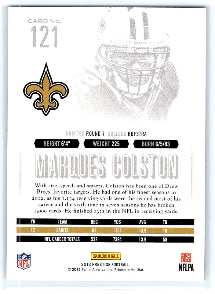 2013 Panini Prestige Football #121 Marques Colston New Orleans Saints ...