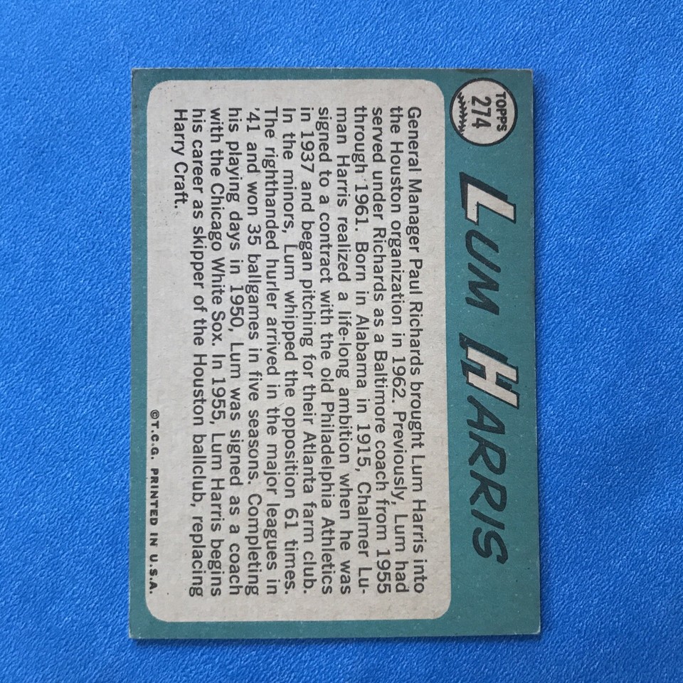 1965 Topps Baseball #274 Lum Harris MGR EXMT Huston Astros | eBay